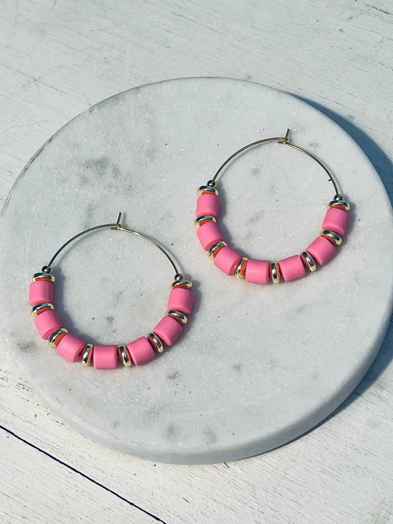 Pink beaded hoop earrings store